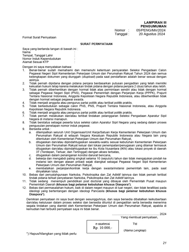 Surat Pernyataan Pupr | PDF