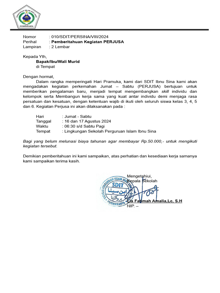 Pemberitahuan Kegiatan PERJUSA SDIT Ibnu Sina | PDF