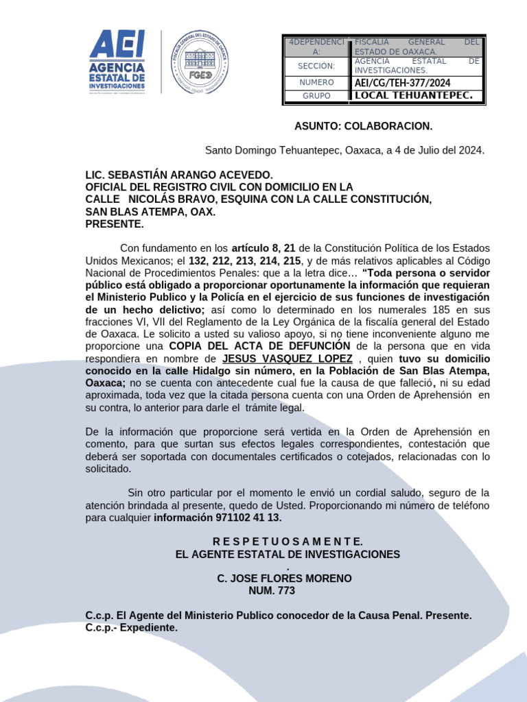 Solicitud Acta de Defuncion Al Registro Civil | PDF