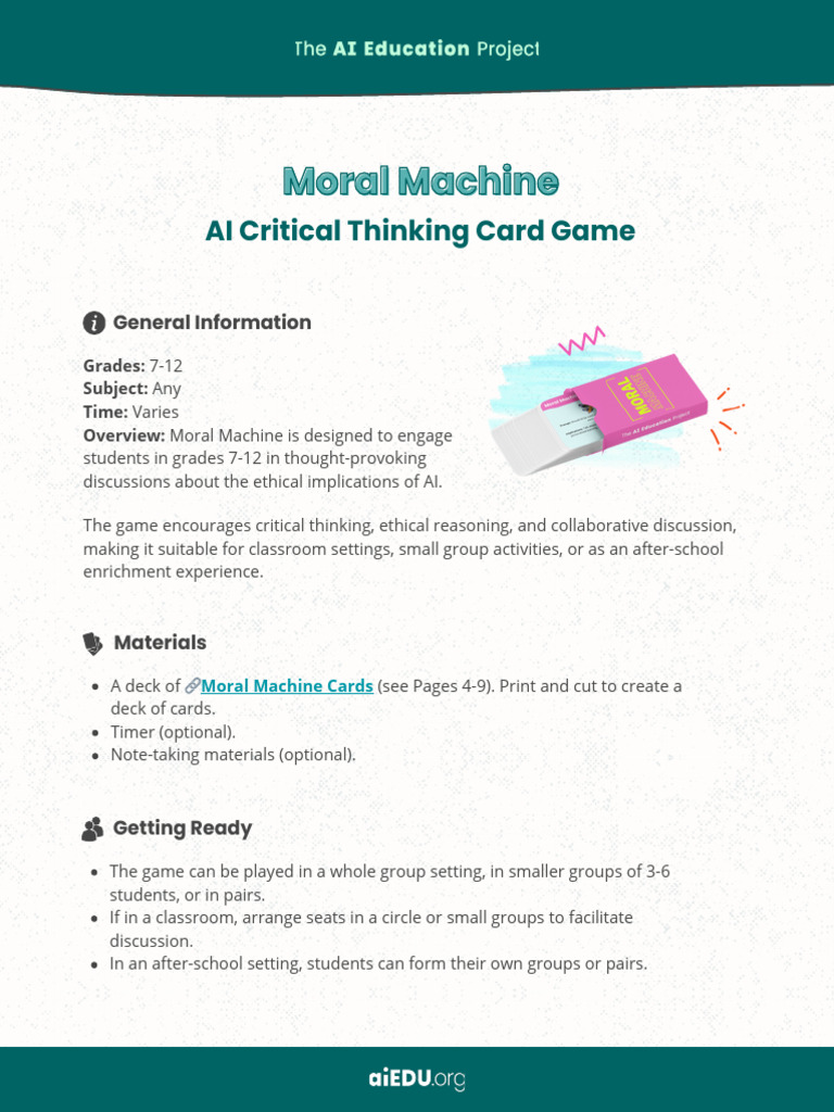 Moral Machine Critical Thinking Card Game Aiedu Pdf