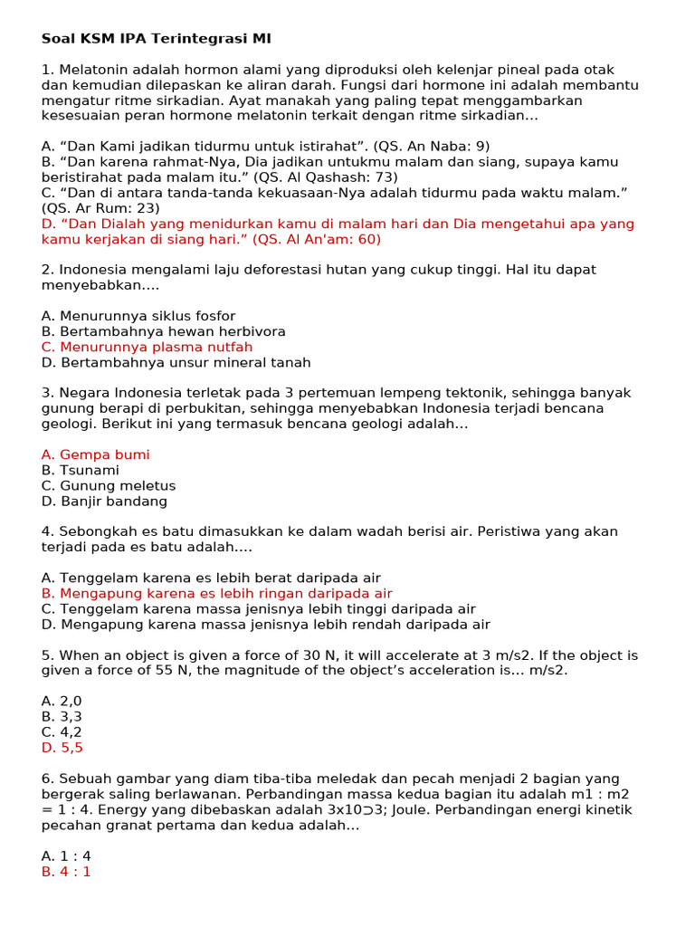 Soal KSM IPA Terintegrasi MI | PDF