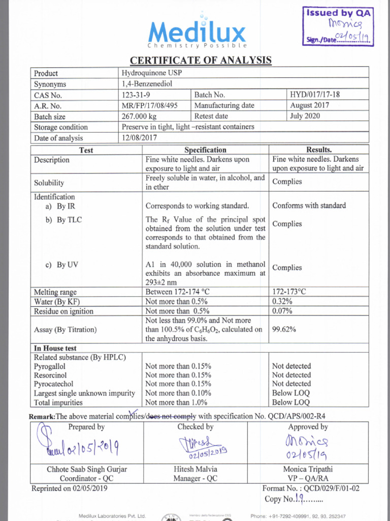 Coa Hydroquinone Medilux | PDF