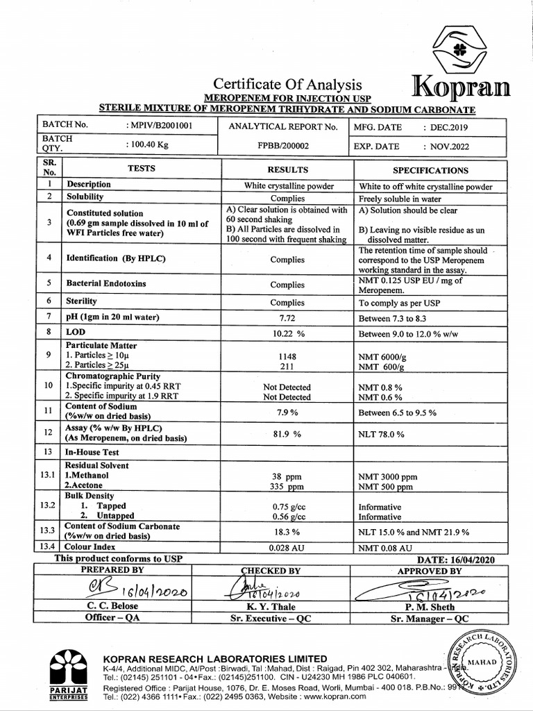 COA Meropenem For Injection USP Kopran | PDF
