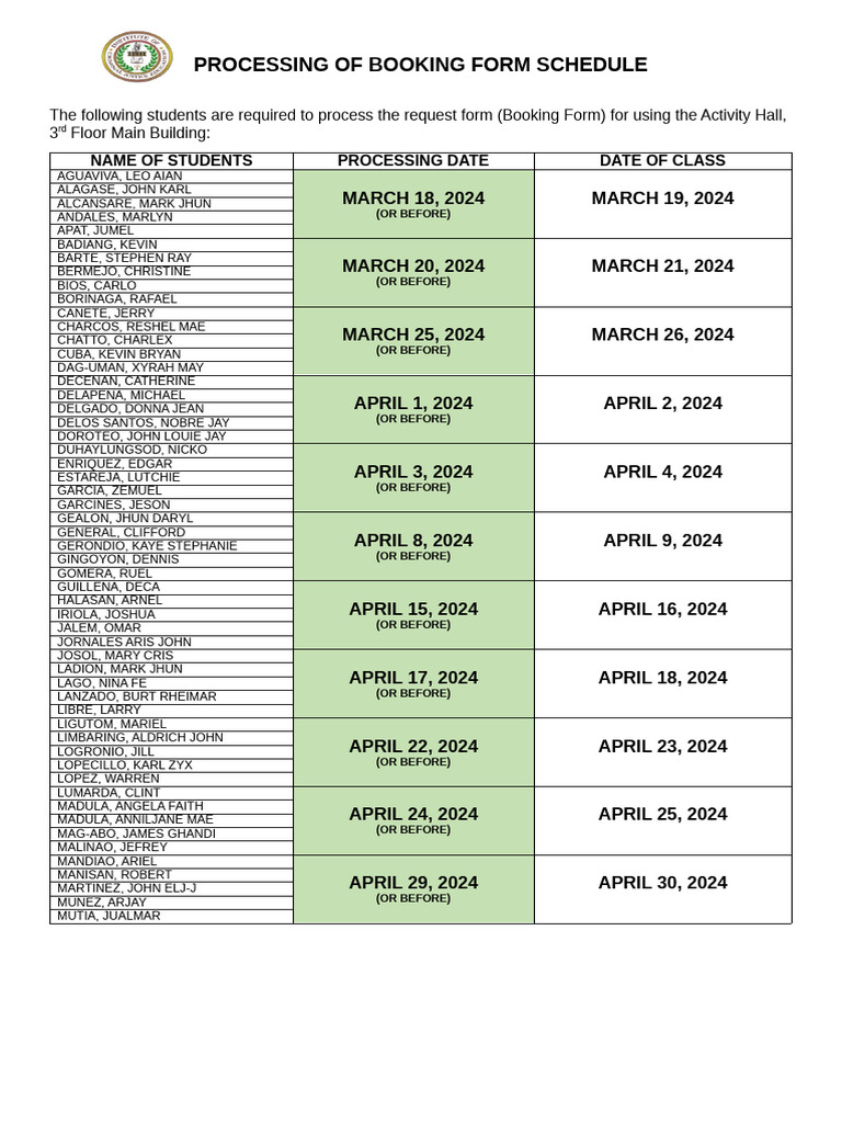 Processing of Booking Form Schedules | PDF