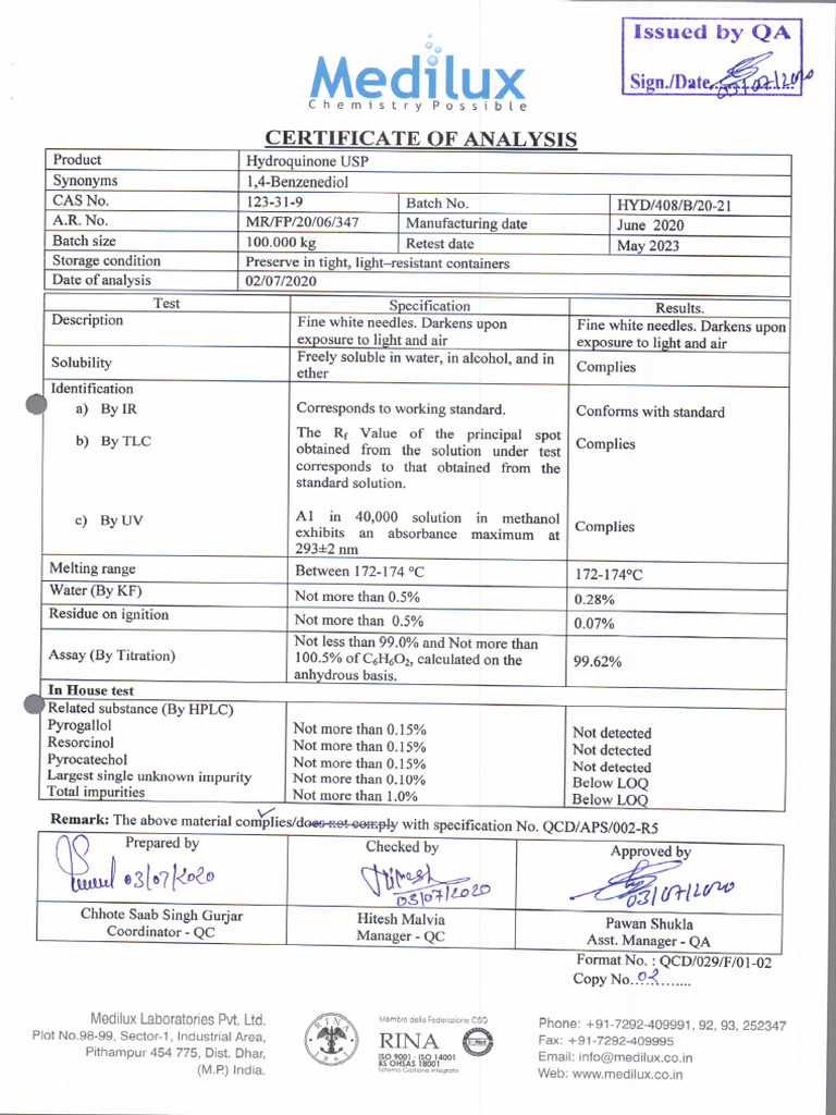 HYDROQUINONE COA Medilux | PDF