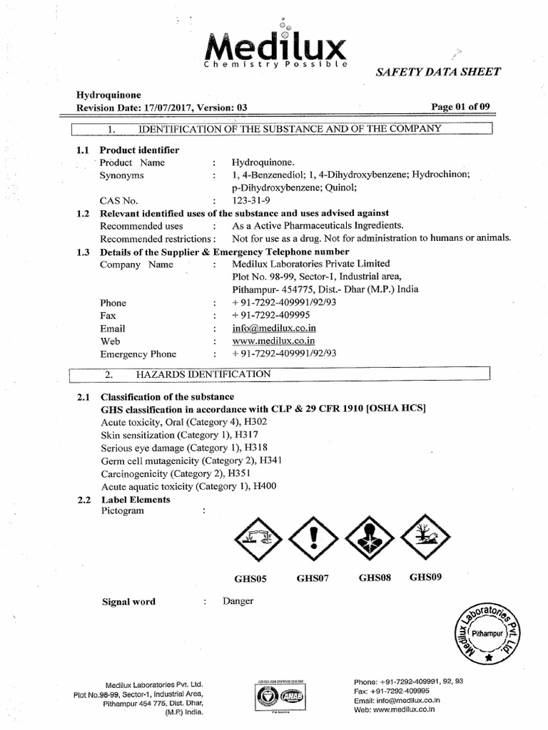 Hydroquinone MSDS Medilux | PDF