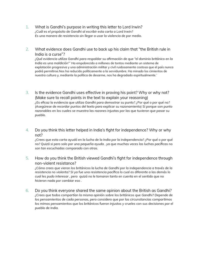 Adriana Asenjo Carbajal - First Letter To Lord Irwin Guided Questions | PDF