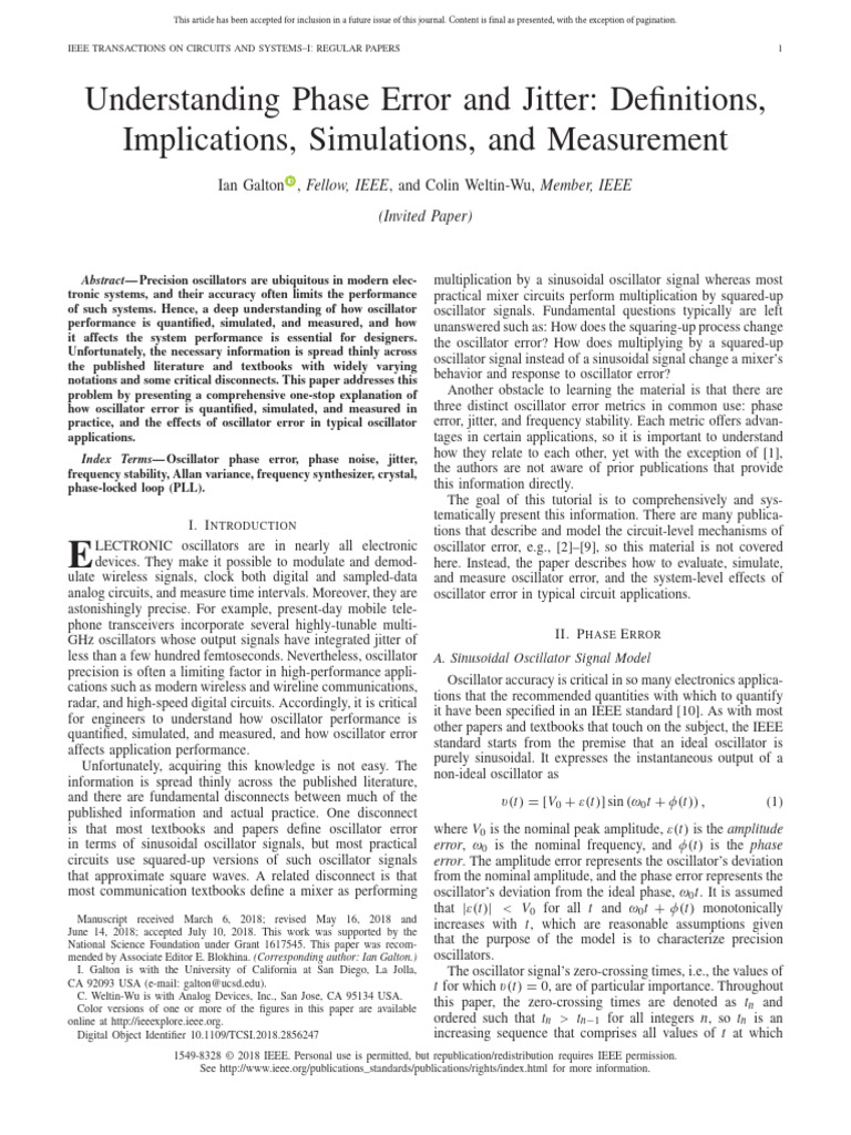 2018 TCASI I. Galton Understanding Phase Error and Jitter Definitions Implications Simulations ...