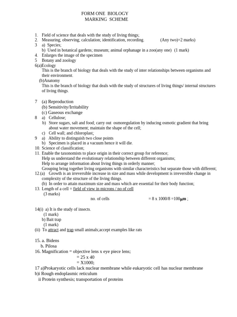 Biology F1 Marking Scheme | PDF | Cell (Biology) | Botany