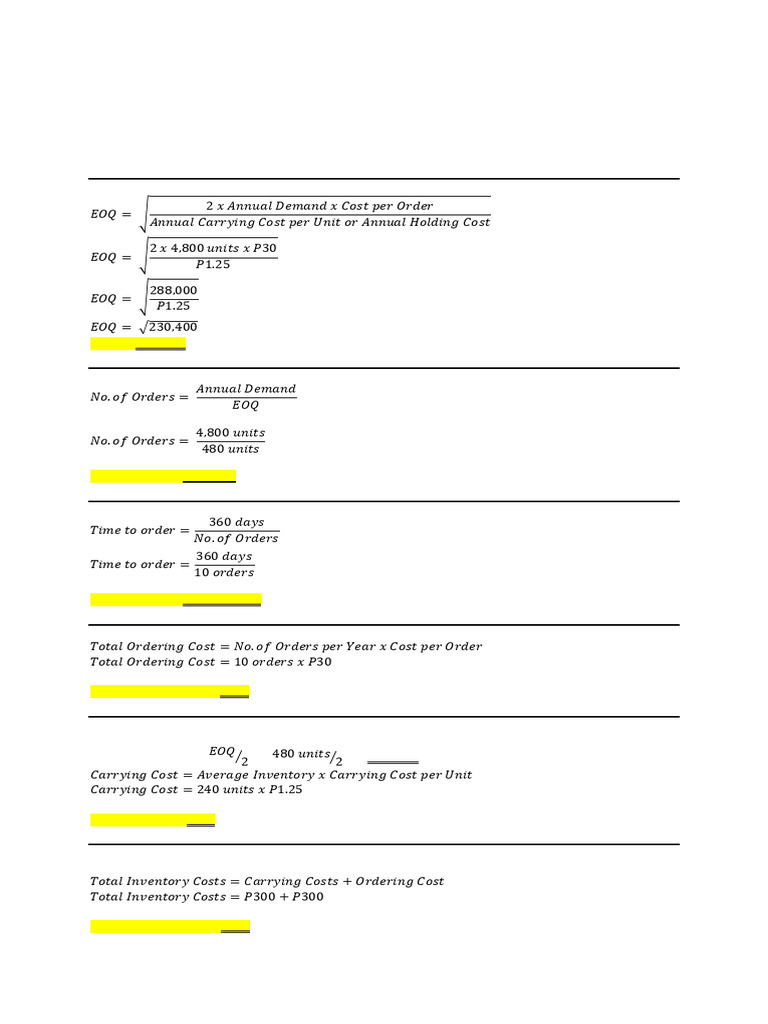 Example: Annual Units Required 4,800 Ordering Costs P30/order Carrying ...