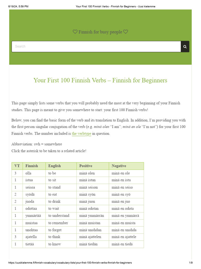 Your First 100 Finnish Verbs - Finnish For Beginners - Uusi Kielemme ...