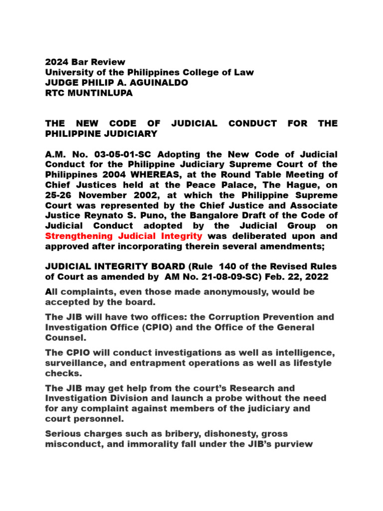 2024 - New Code of Judicial Conduct (Aguinaldo) | PDF