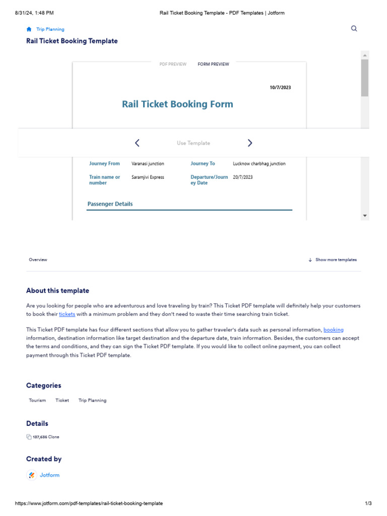 Rail Ticket Booking Template - PDF Templates - Jotform | PDF
