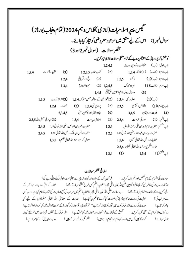 Guess Paper Islamiat Class 10th 2024 Pdf