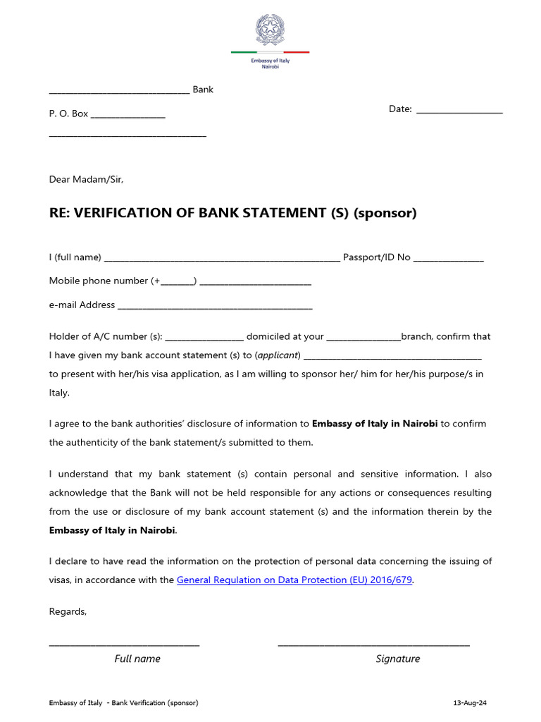 3B Bank Verification Letter From Sponsor General | PDF