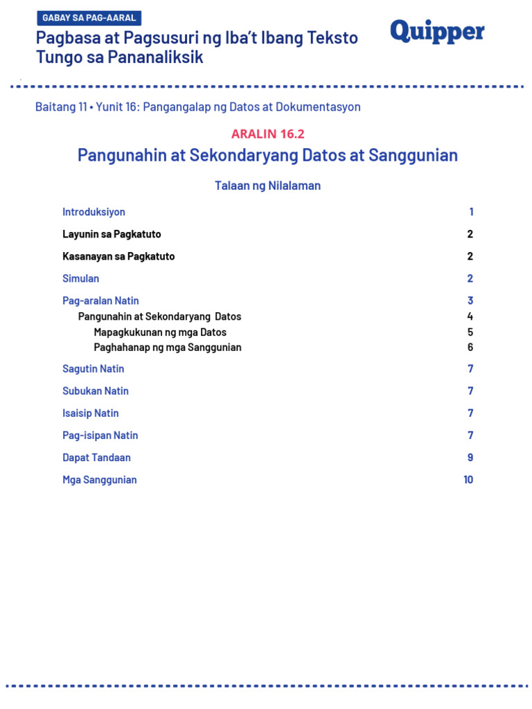 Pangunahin at Sekondaryang Datos at Sanggunian: Pagbasa at Pagsusuri NG ...