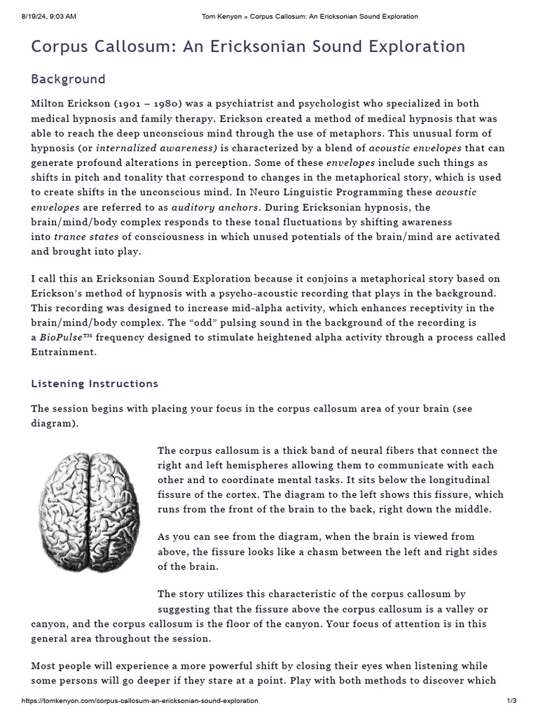 Corpus Callosum An Ericksonian Sound Exploration | PDF