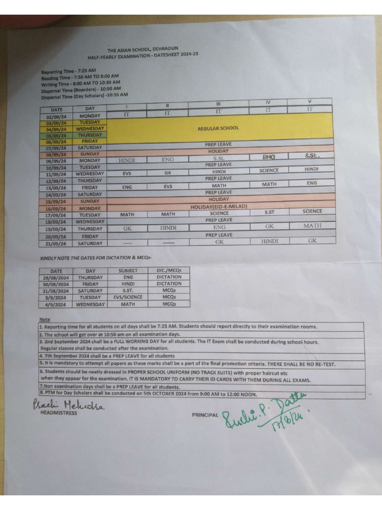Half-Yearly Date Sheet | PDF