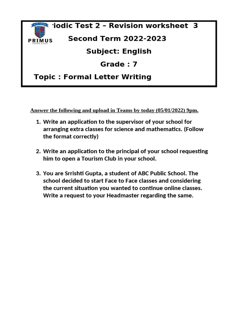 Grade 7 - Formal Letter - Worksheet | PDF