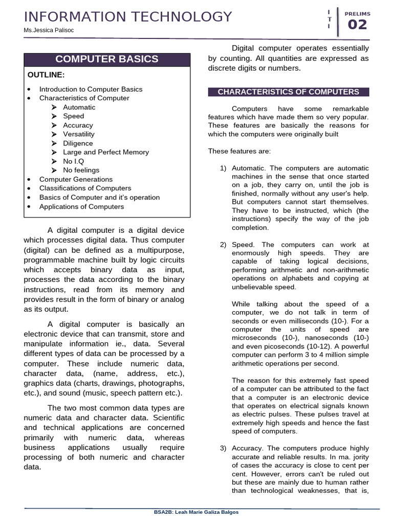 ITI - PRELIMS L02 - Computer Basics | PDF