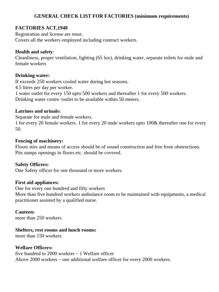 General Check List For Factories | PDF