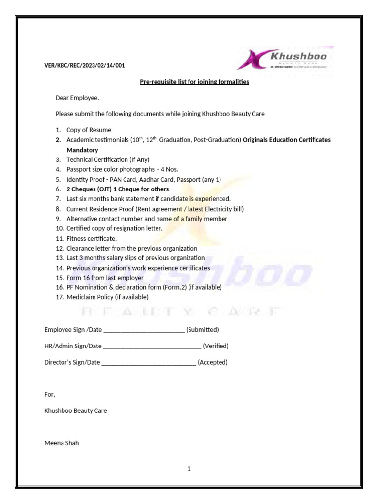 Joining Document Checklist | PDF