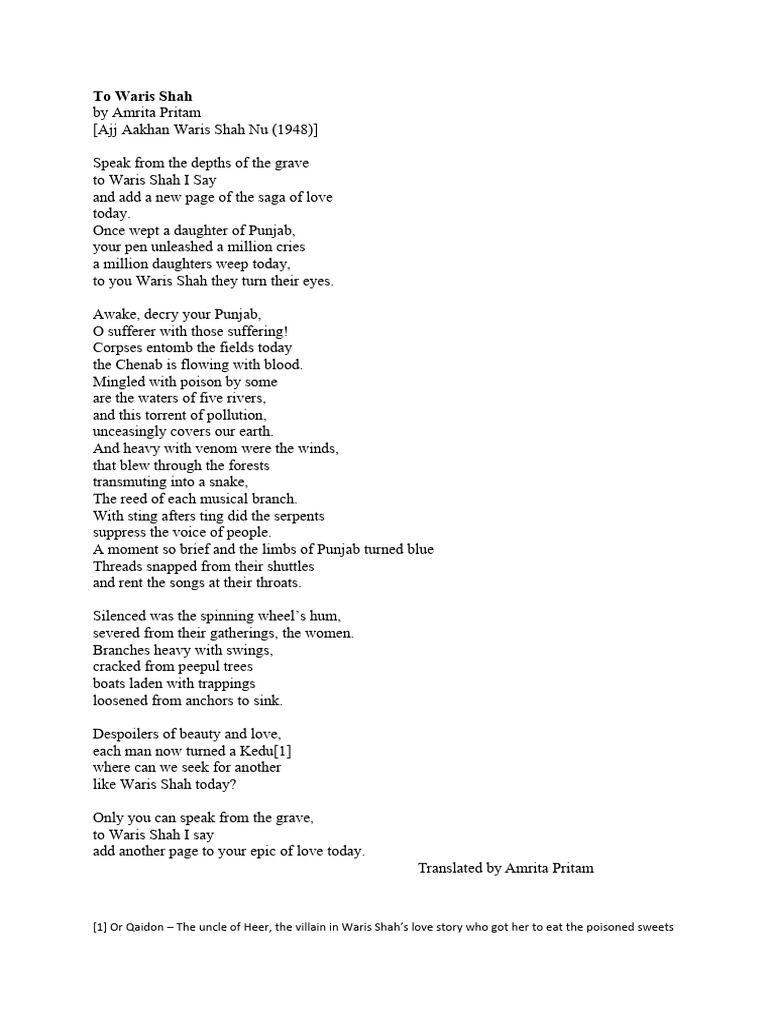 To Waris Shah by Amrita Pritam | PDF To Waris Shah by Amrita Pritam | PDF