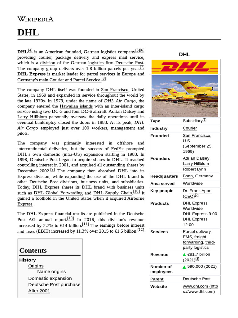 DHL Air Cargo: Origins Name Origins Domestic Expansion Deutsche Post Purchase After 2001 | PDF