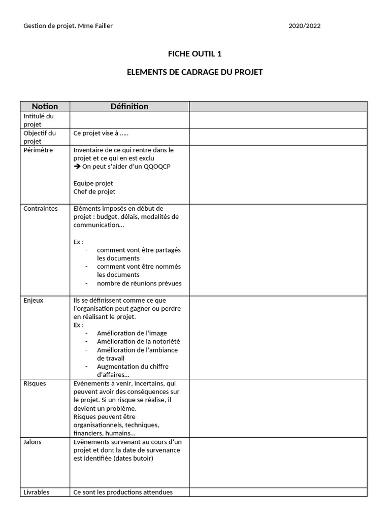 Fo 1 Elements de Cadrage Du Projet | PDF