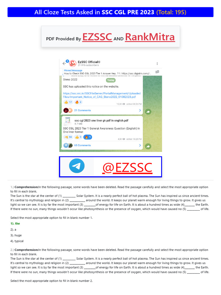 SSC CGL Pre 2023 Cloze Test English | PDF