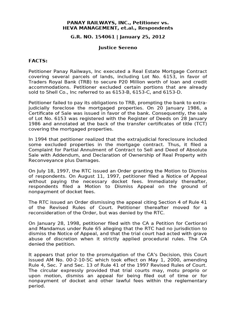 Panay Railways vs. Heva Management Case Summary | PDF | Lawsuit ...