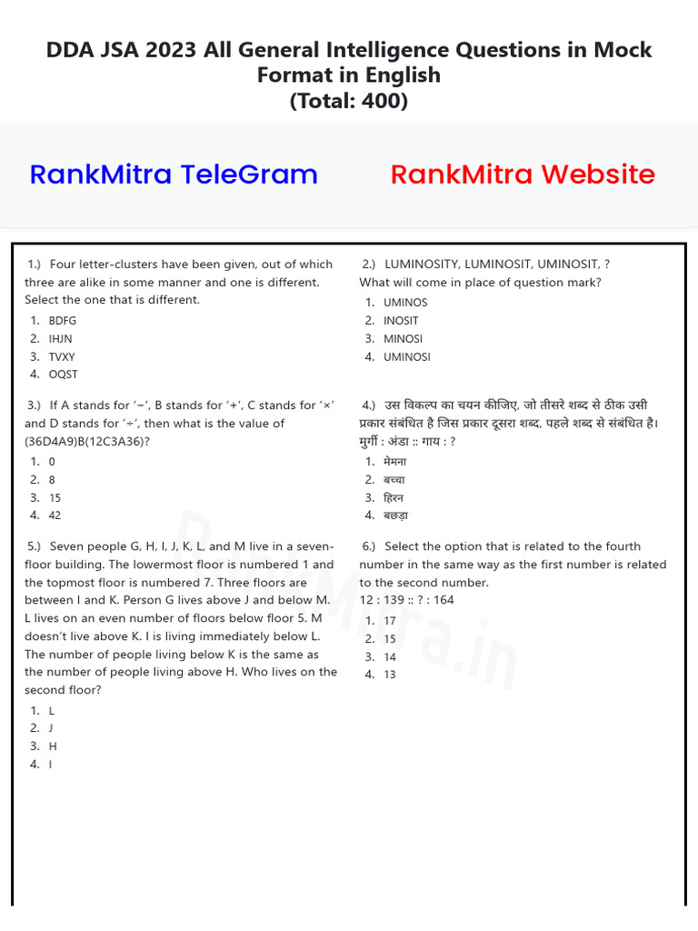 DDA JSA 2023 All General Intelligence Questions in Mock Format in | PDF