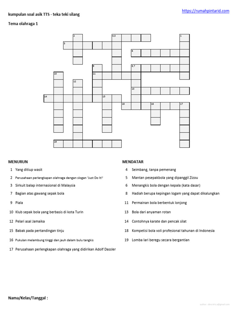 Teka Teki Silang Dan Jawaban Tema Olahraga 1 | PDF