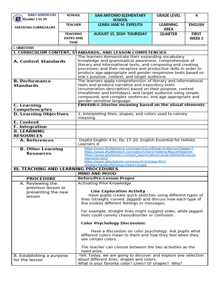 DLL in English 4 Q1 Week 3 Day 4 Nini Matatag New | PDF