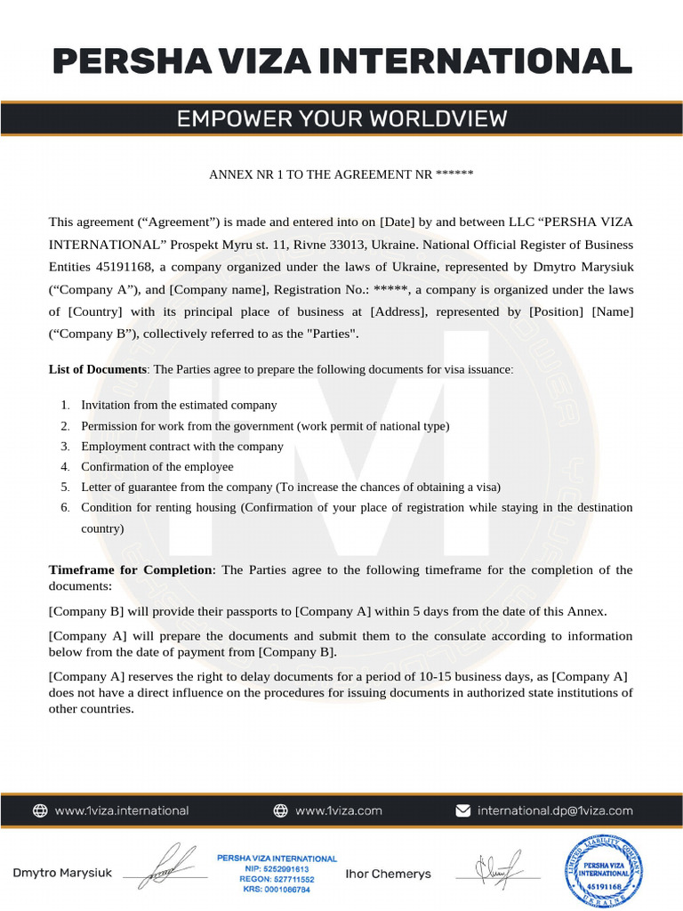 Visa Agreement with Persha Viza International | PDF | Travel Visa ...