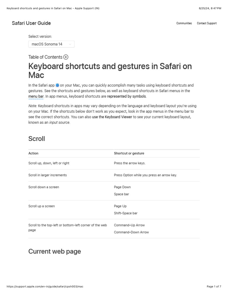 Keyboard Shortcuts and Gestures in Safari On Mac - Apple Support (In) | PDF