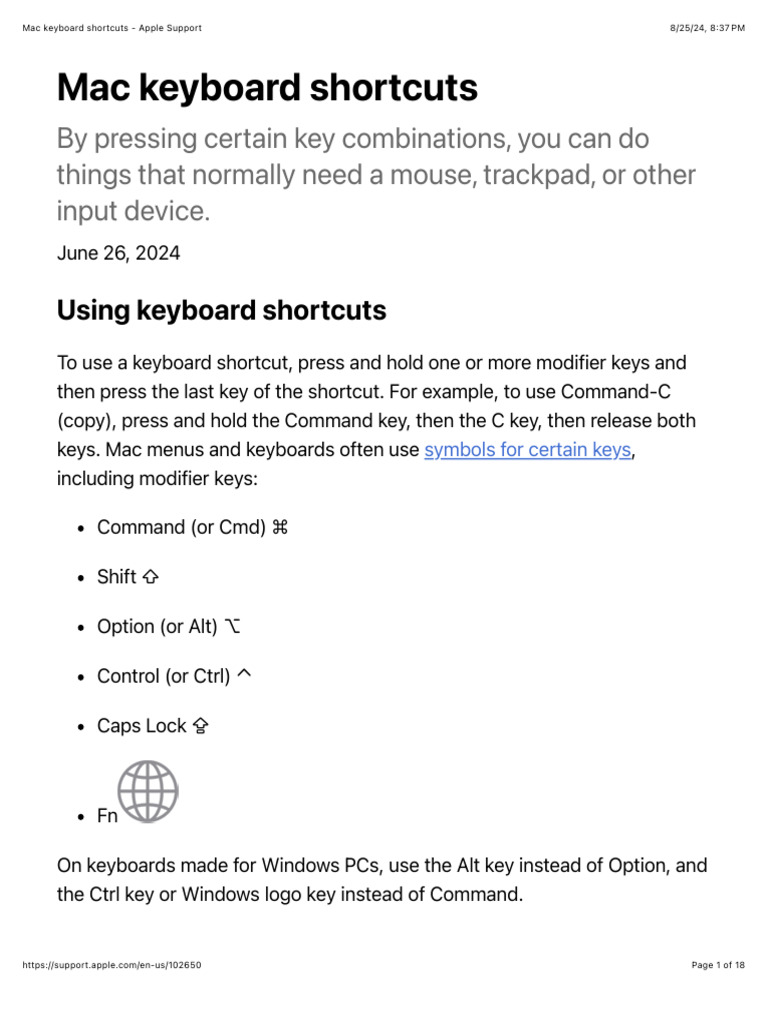 Mac Keyboard Shortcuts - Apple Support | PDF