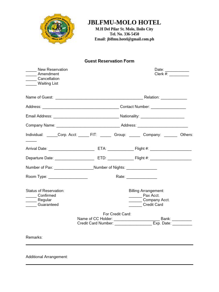 JBLFMU Molo Hotel Reservation Forms | PDF | Payments | Business