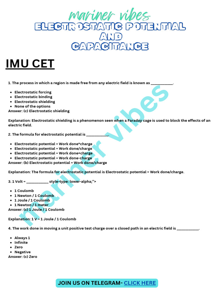 Electrostatic Potential and Capacitance MCQs | PDF
