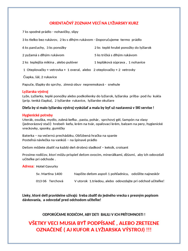 Zoznam Veci Na Lyziarsky Kurz2 | PDF