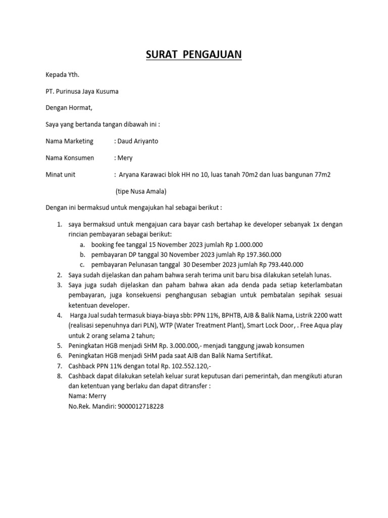 SURAT PENGAJUAN Pembelian Unit | PDF