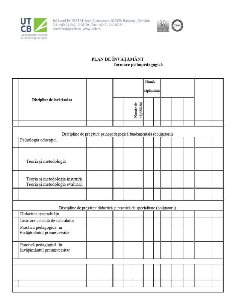 Plan de Invatamant Formare Psihopedagogica - Nivelul I Si II | PDF