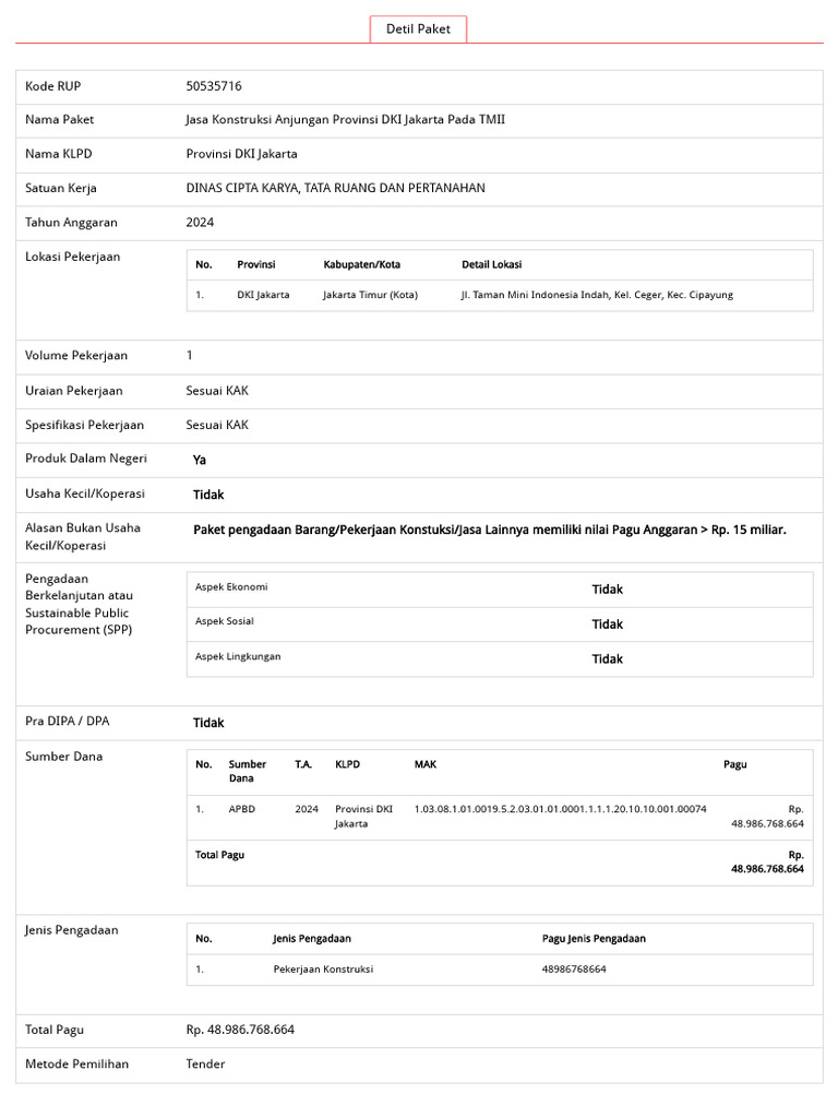 RUP - Penyedia Tmii Konstruksi | PDF