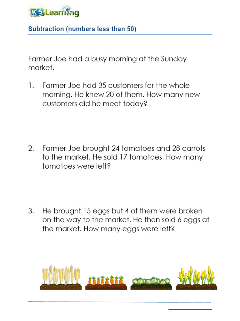 Grade 1 Subtraction Word Problems 50 C | PDF