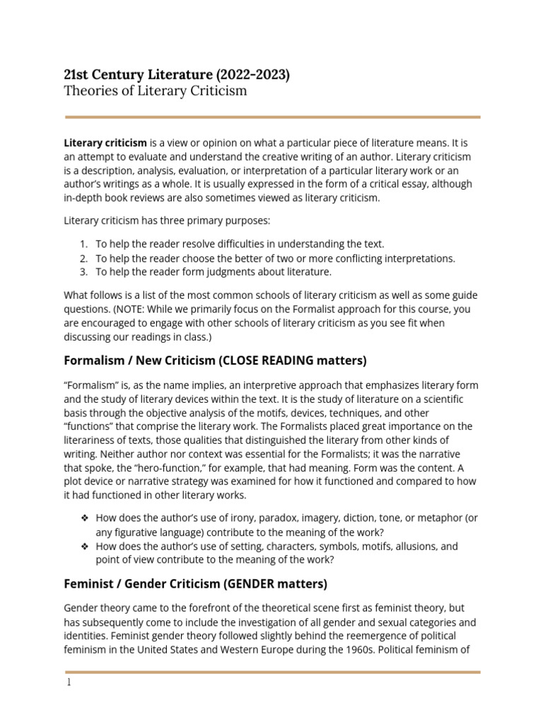 Theories of Literary Criticism Handout | PDF