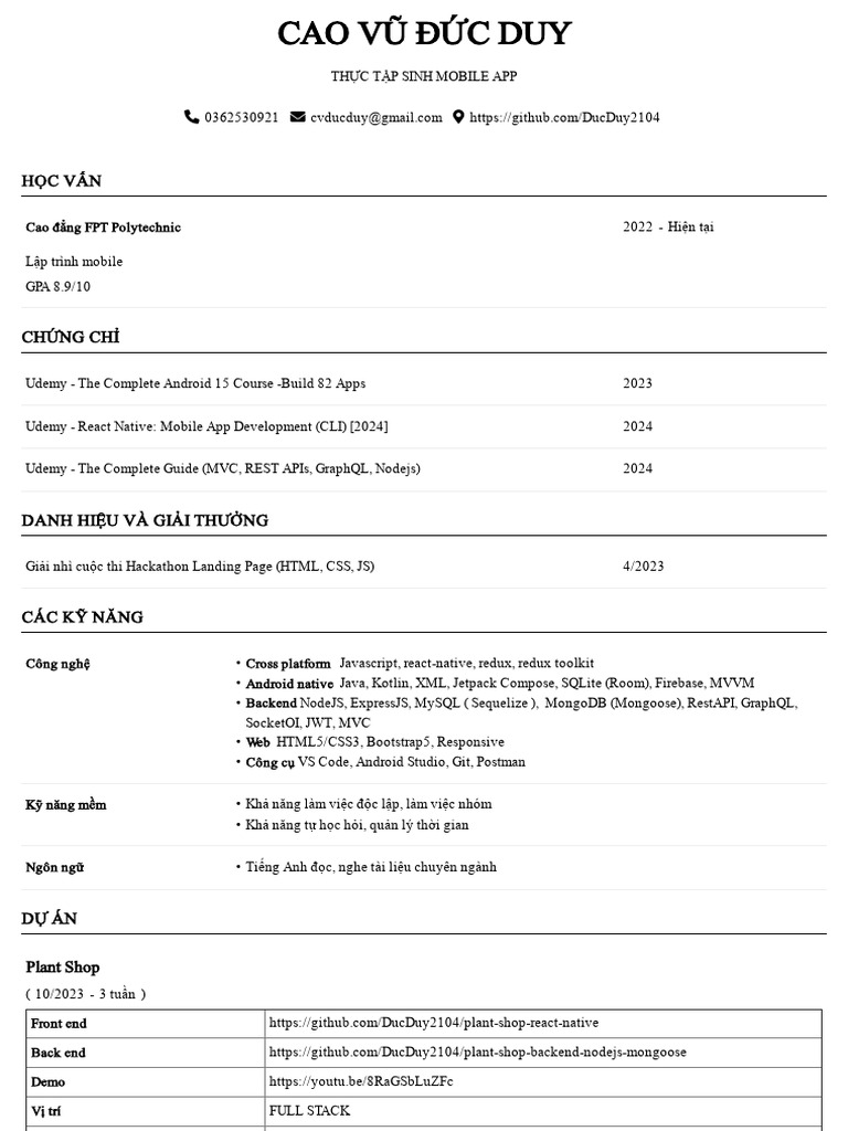 Cao Vu Duc Duy - Intern | PDF