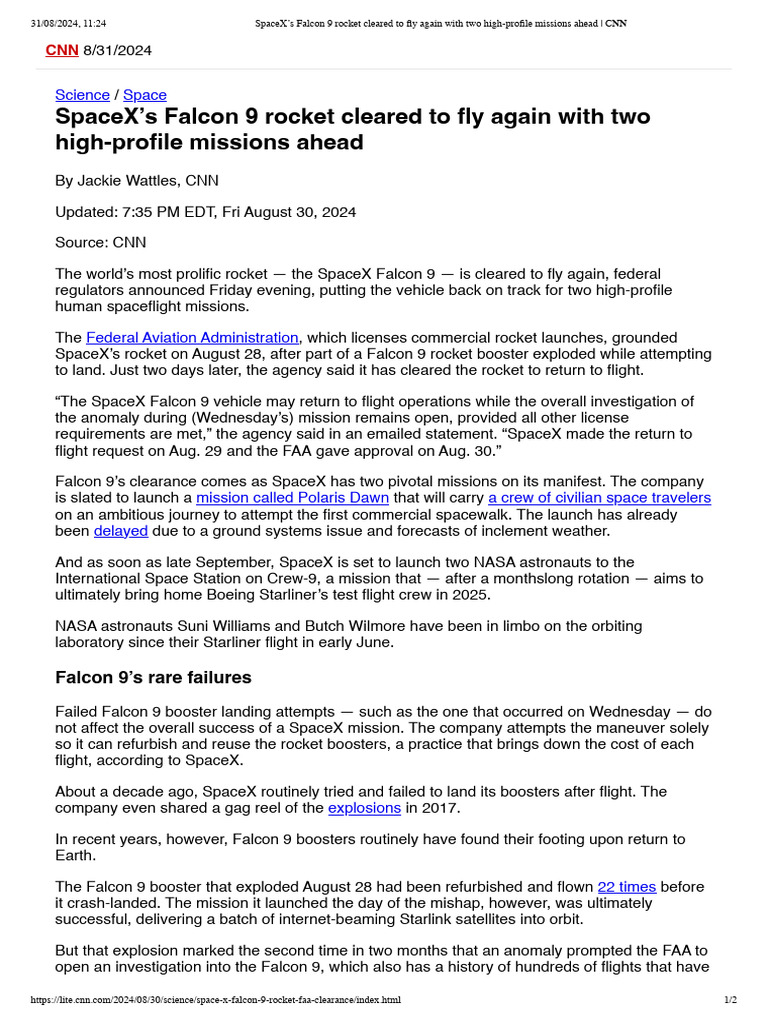 SpaceX's Falcon 9 Rocket Cleared To Fly Again With Two High-Profile Missions Ahead - CNN | PDF