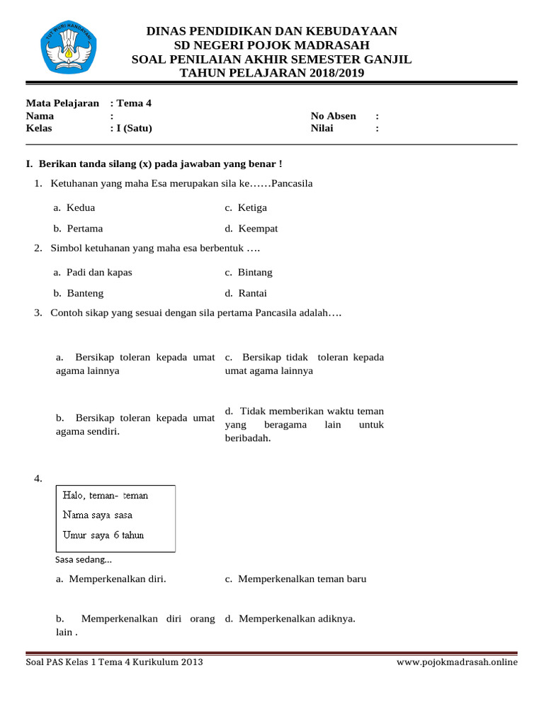 Soal Pas KLS 1 Tema 4 | PDF
