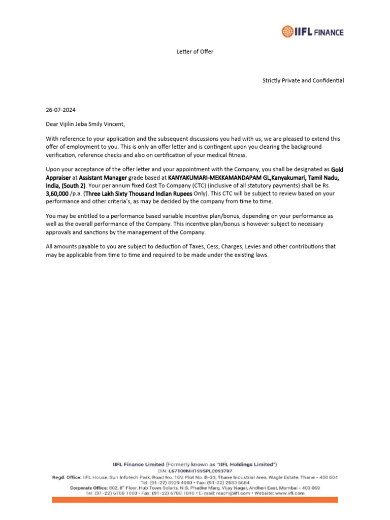 IIFL Offer Letter | PDF