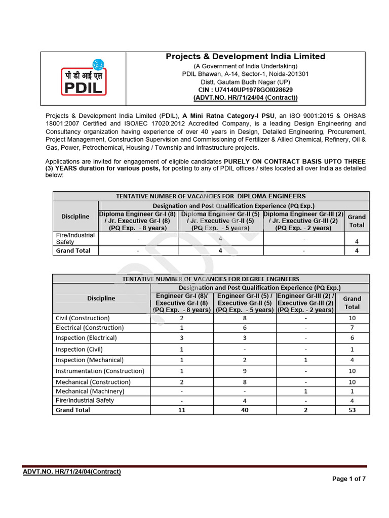 Notification PDIL Diploma Degree Engineer Post 2024 | PDF